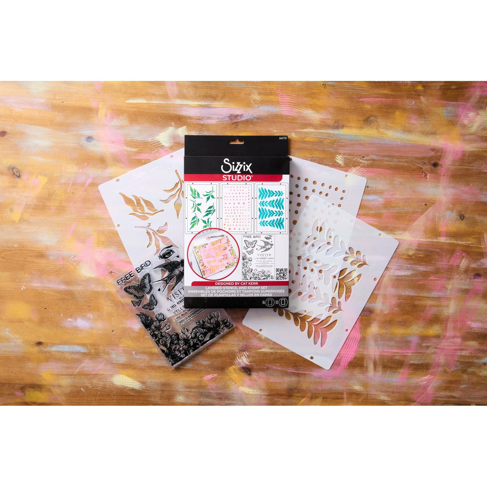 Sizzix • Studio Stamps Set 6pcs & 3pcs Stencils The Visiter by Cat Kerr